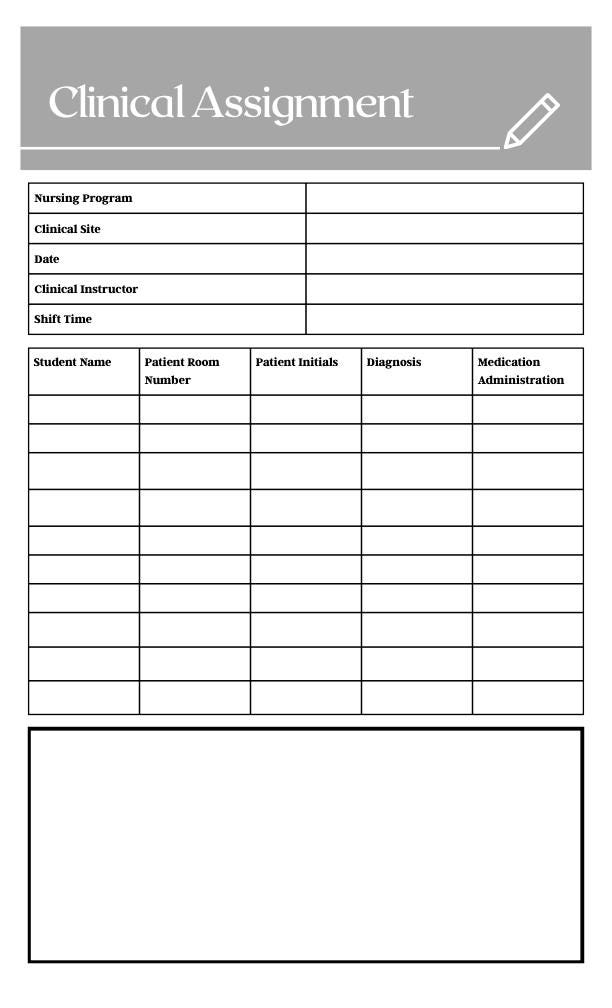 Student Nurse Clinical Assignment Sheet - Printable - Etsy