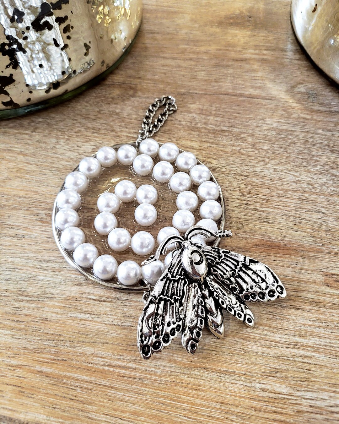 Elegant Pearl & Moth Charm Wall Hanging | Window Charm With Delicate ...