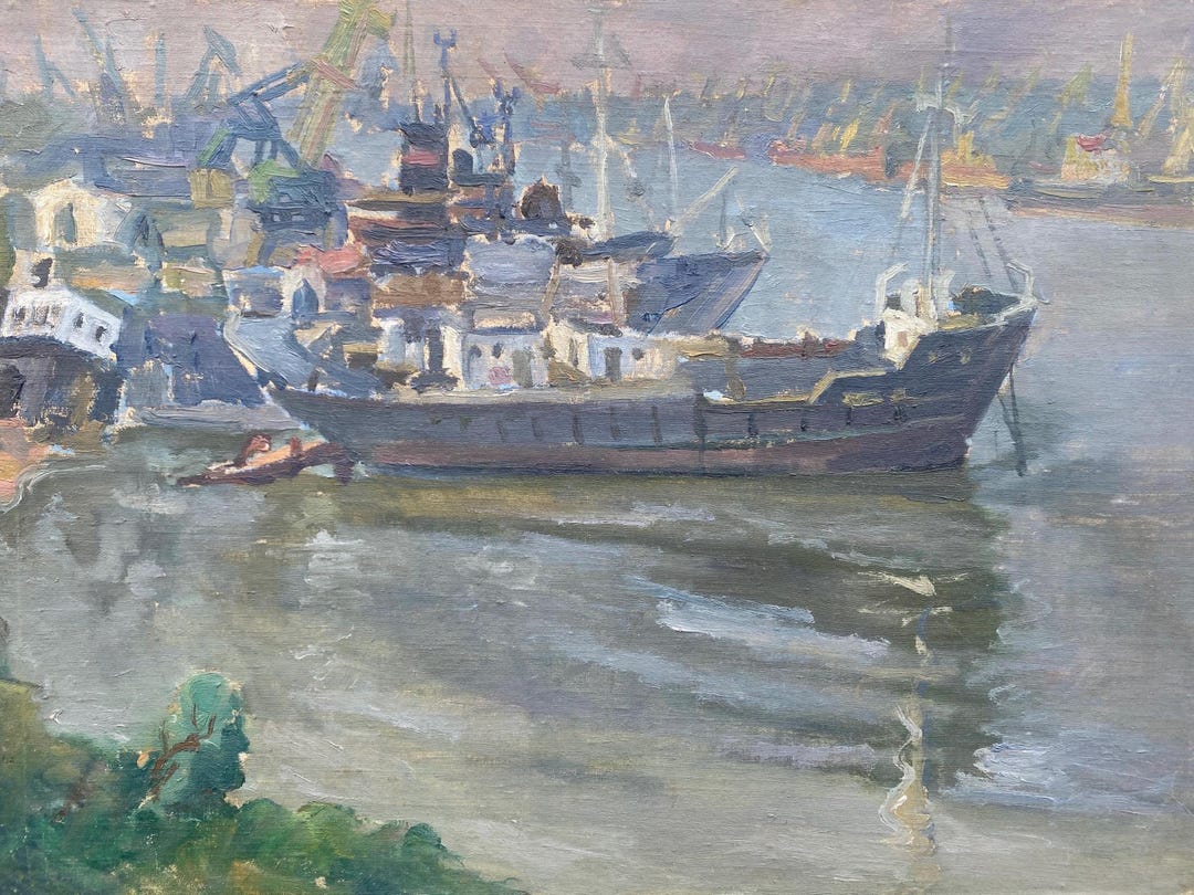 Sea Port of a Southern Town Chornomorsk. Original Vintage Oil Painting ...