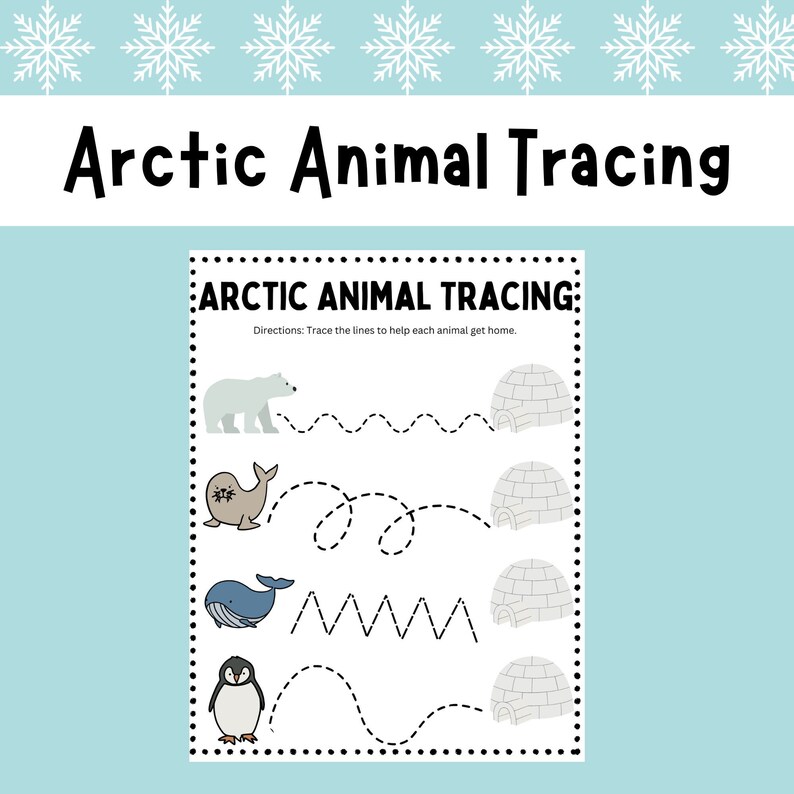Preschool Arctic Animal Tracing Practice Digital Printable Worksheet - Etsy