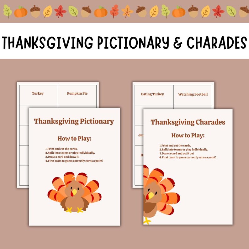 Thanksgiving Pictionary & Charades Game | Printable Fall Party Game ...
