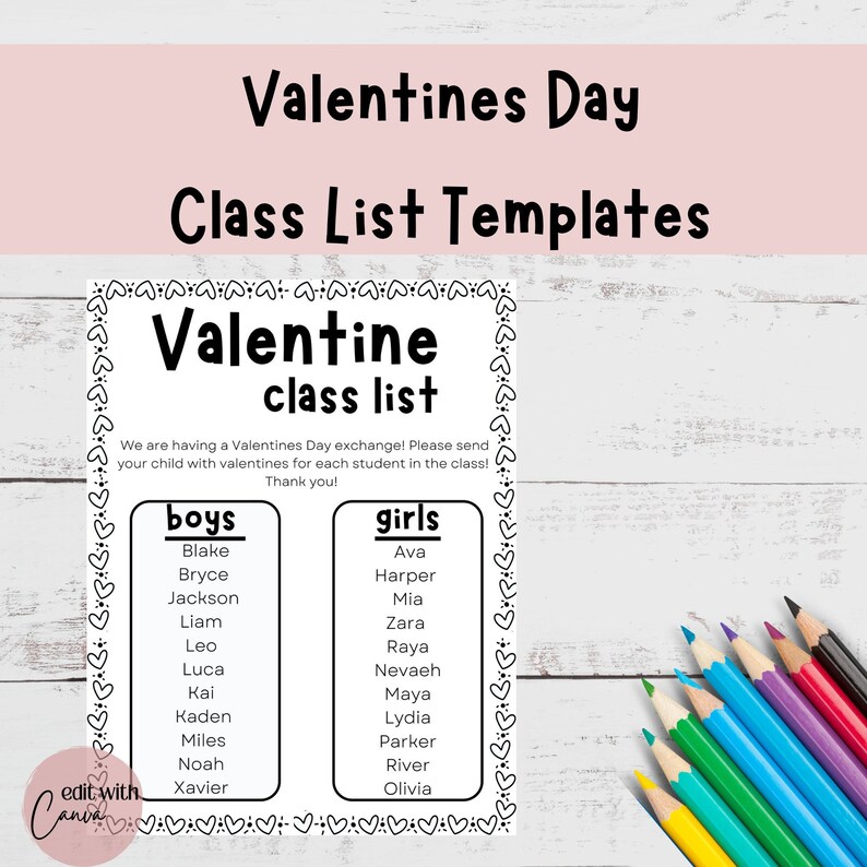 Valentine's Day Class List Template, Editable Canva Template, Instant ...