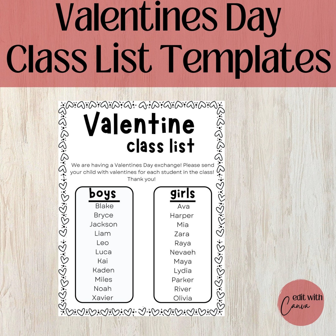Valentine's Day Class List Template Editable Canva - Etsy