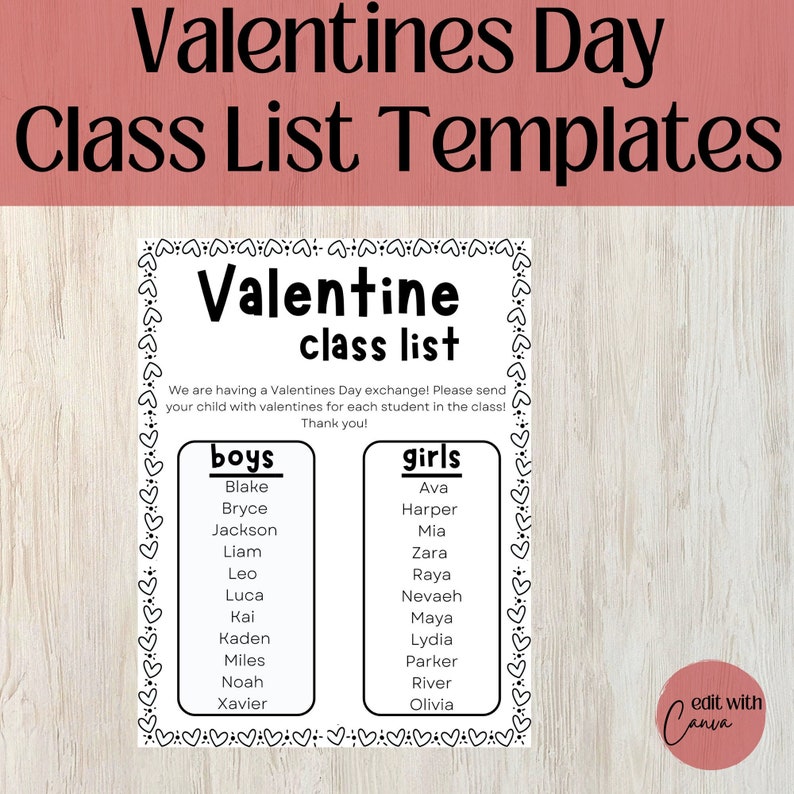 Valentine's Day Class List Template Editable Canva - Etsy