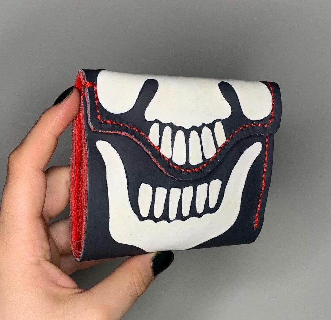 Leather Skull Wallet. Trifold With Coin Pouch. Black and White Skeleton ...