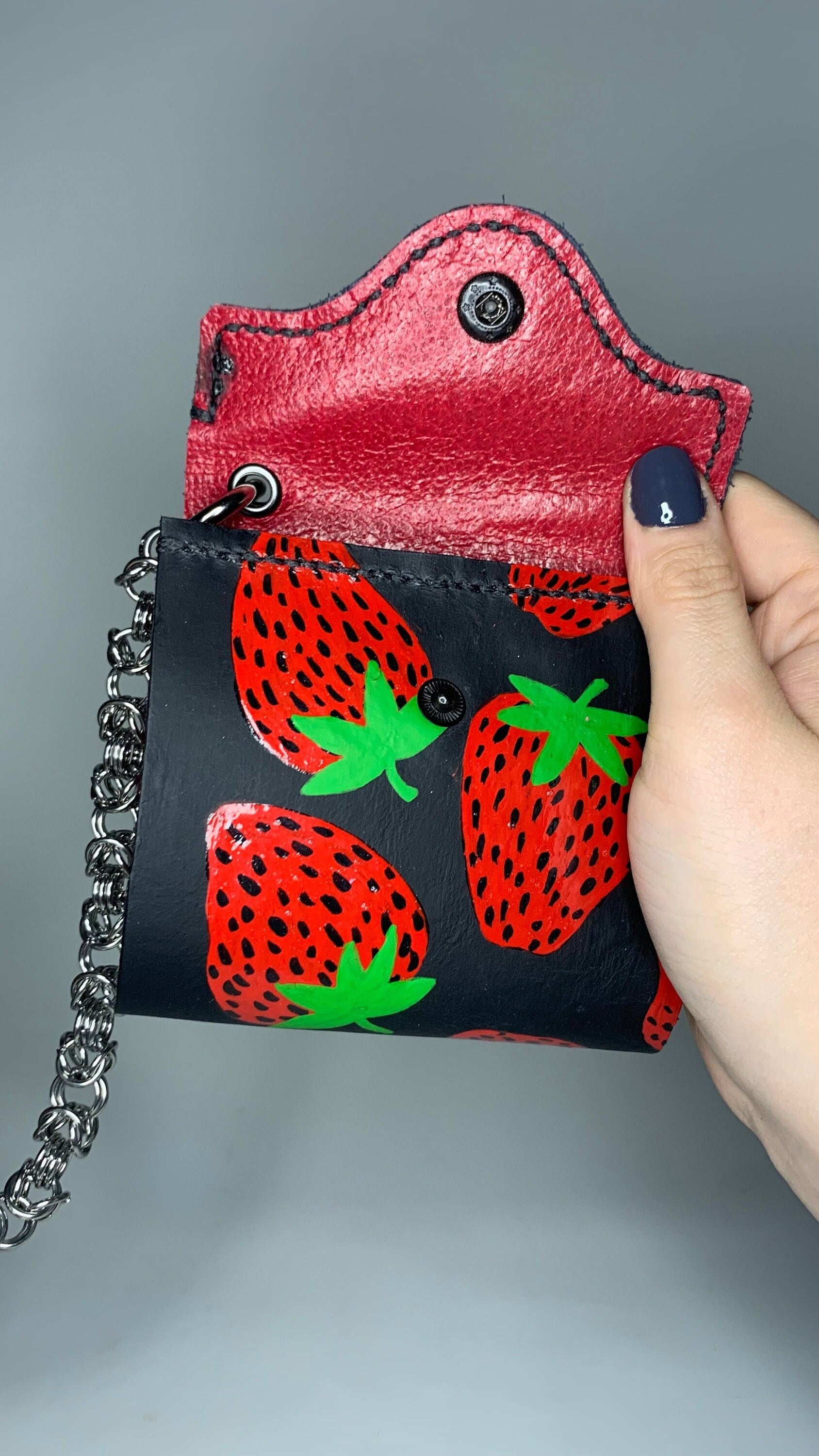 Strawberry Wallet. Handcrafted Leather Trifold. Chainmail Wallet Chain ...