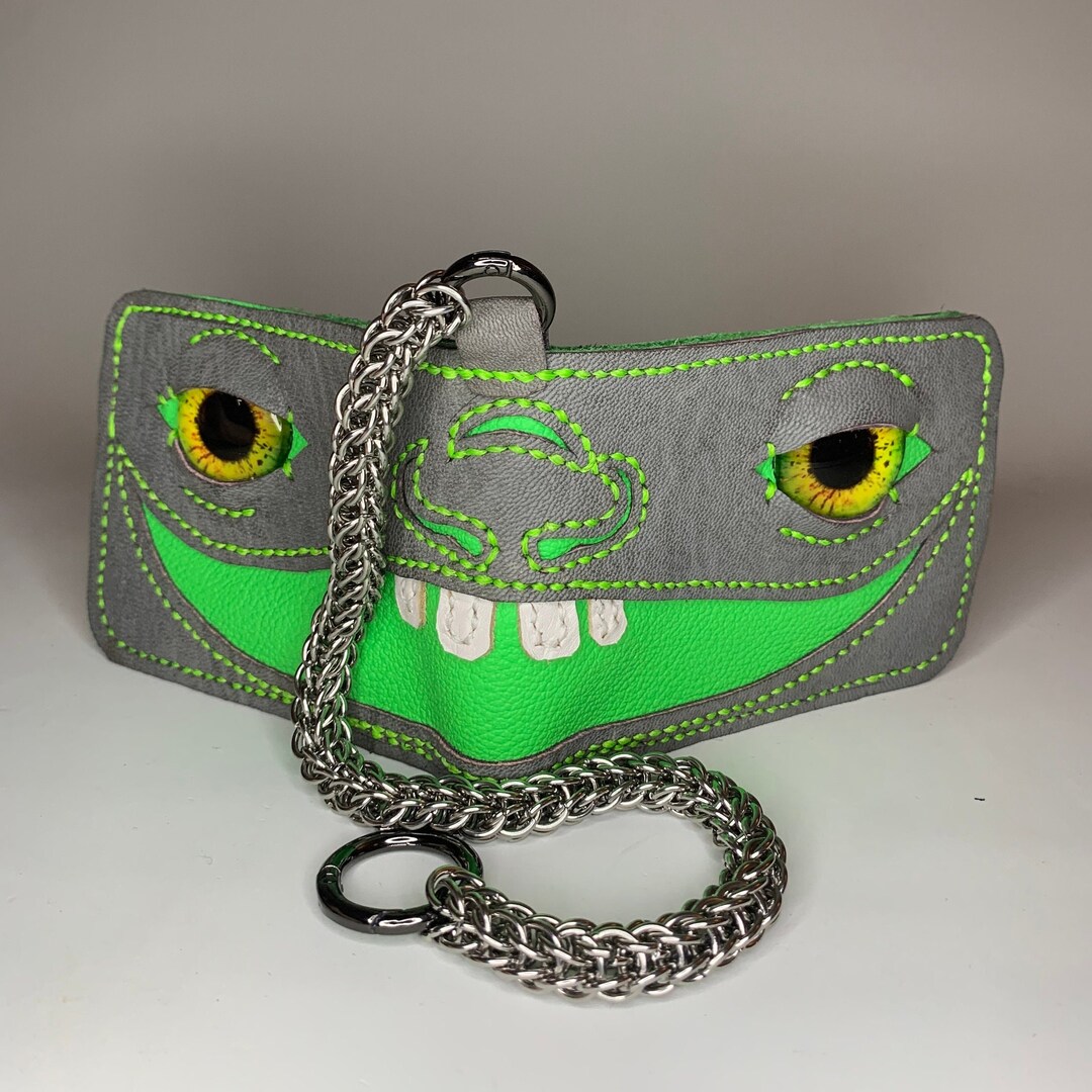 Neon Green Goblin Face Bifold Wallet. Chainmail Wallet Chain ...
