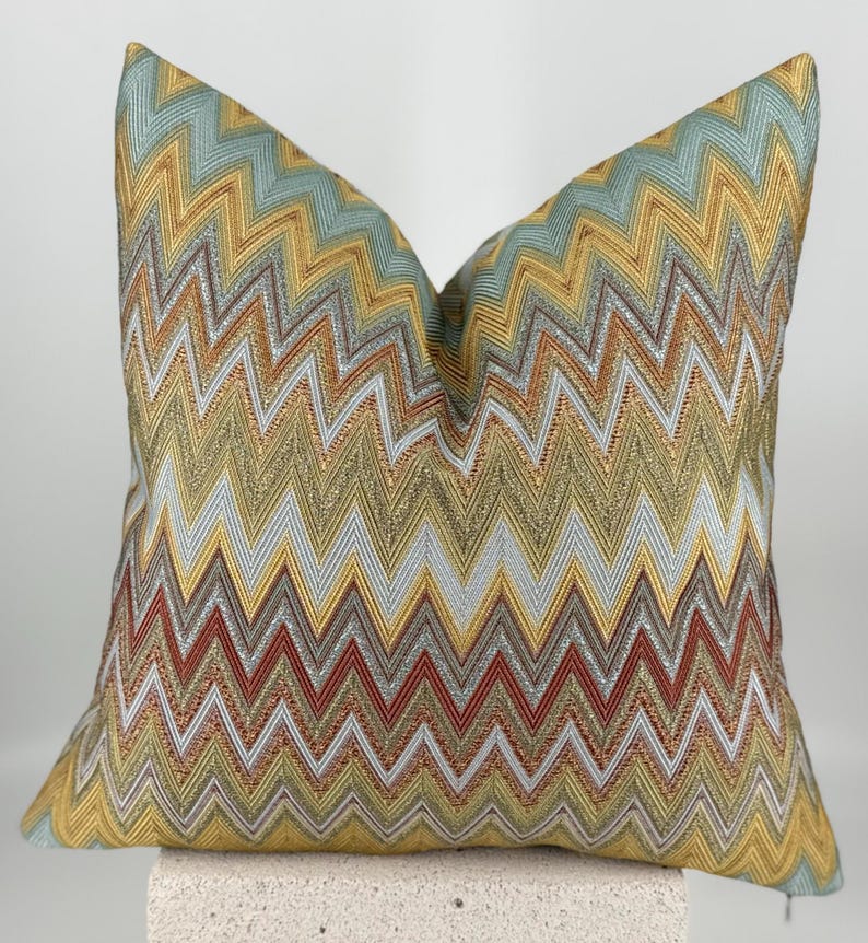Multicolor Chevron Pillow Cover, Luxury Woven Zigzag Cushion, Gold Sage ...
