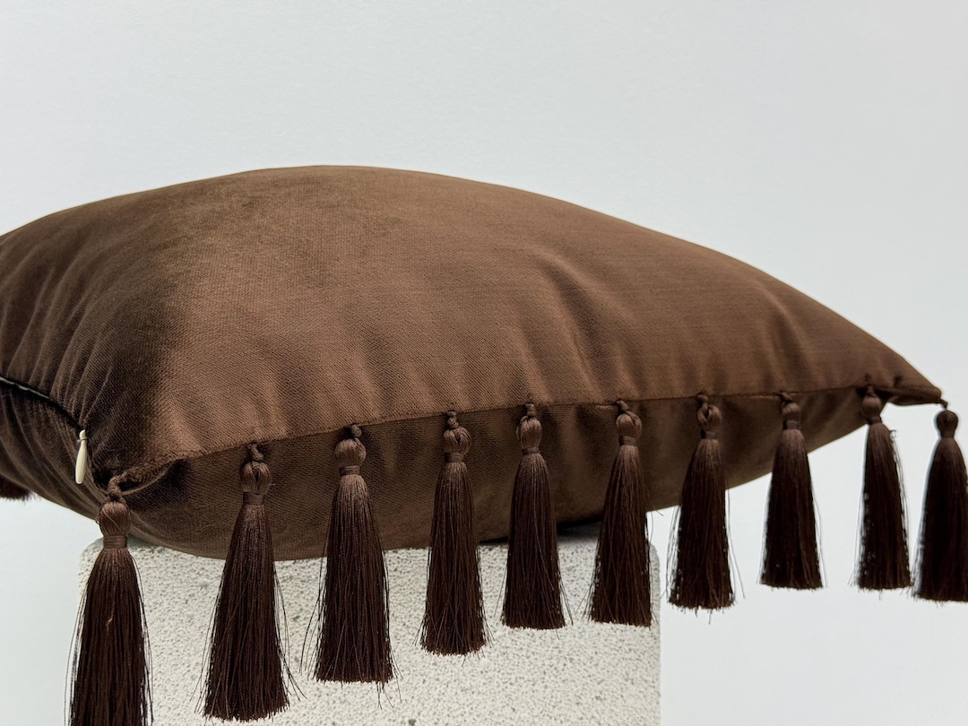 Chocolate Brown Velvet Throw Pillow With Tassels, Boho Fringe Cushion ...