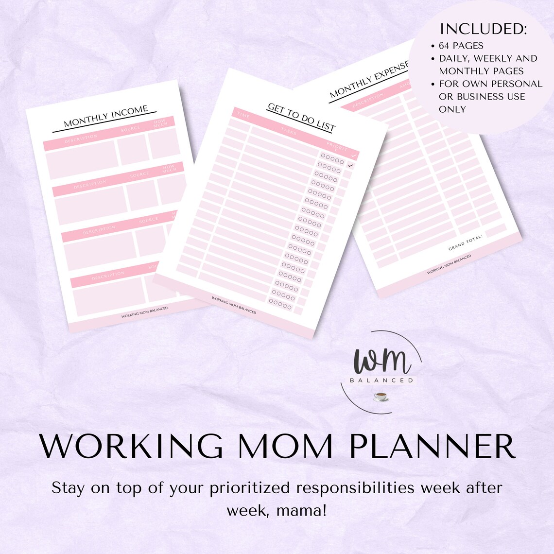 Pink Working Mom Planner, Busy Mom Planner, Mom Planner Printable, Self ...
