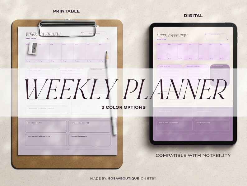 Detailed Weekly Planner Printable or Digital, Instant Download, 3 Color ...
