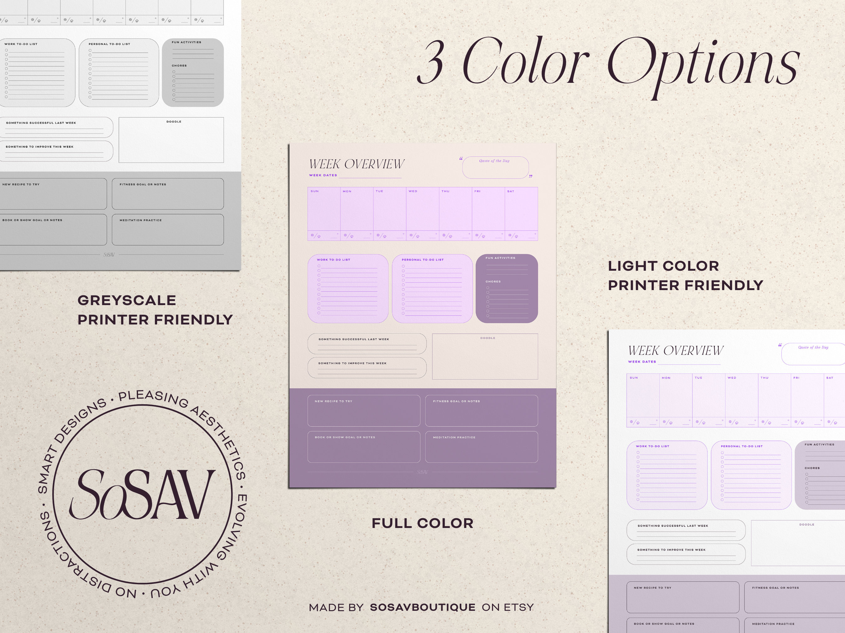 Detailed Weekly Planner Printable or Digital, Instant Download, 3 Color ...