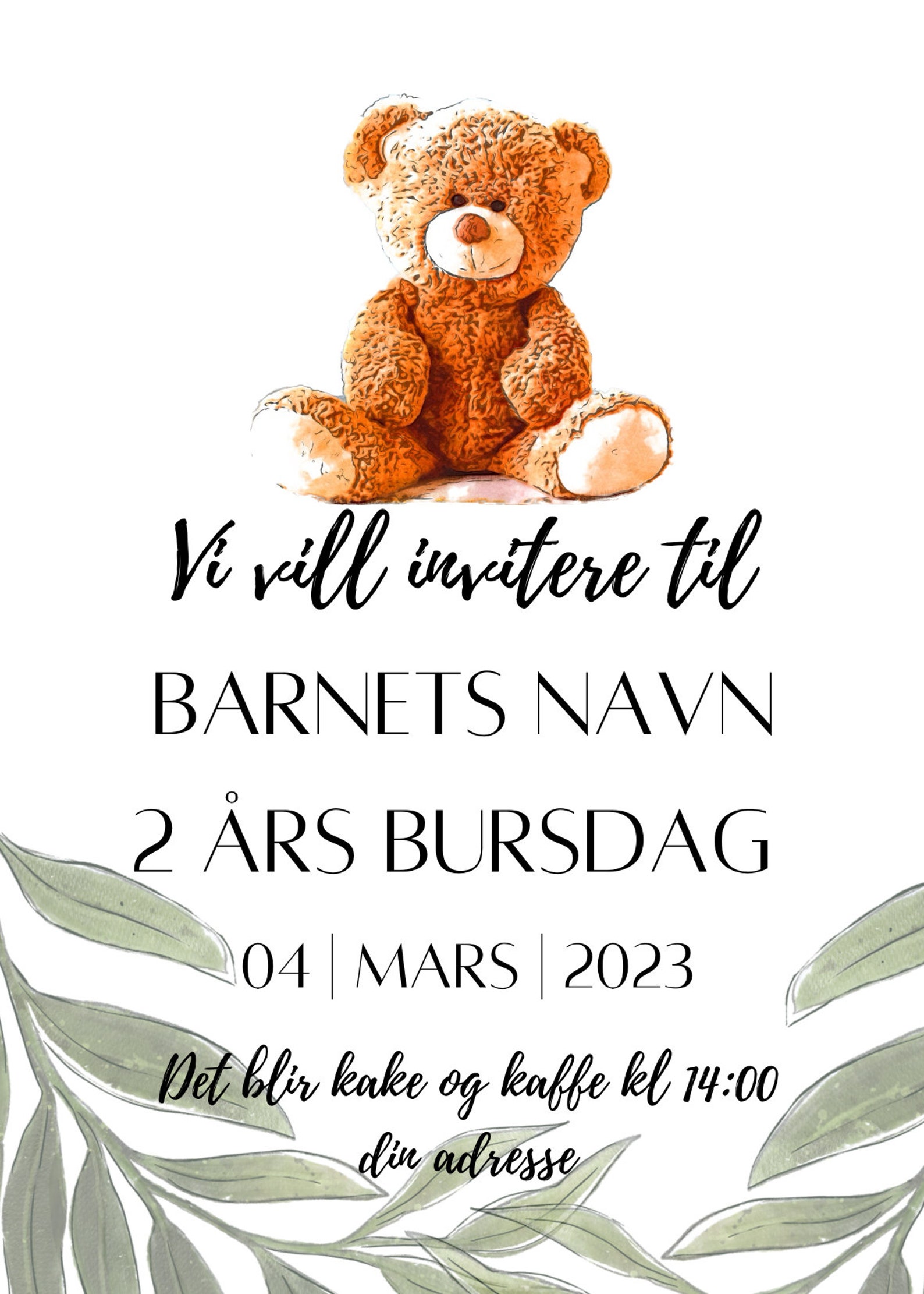 Bursdagsinvitasjon Design Egen Invitasjon Barn Bamse - Etsy
