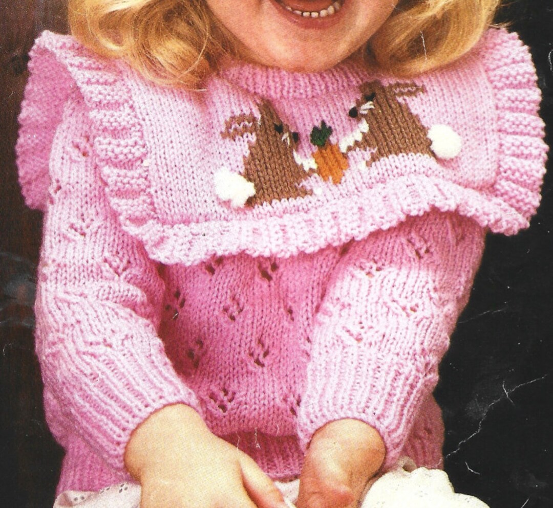 PDF Knitting Patterns - DK - Girls Knitted Jumper With Rabbit Detail on ...