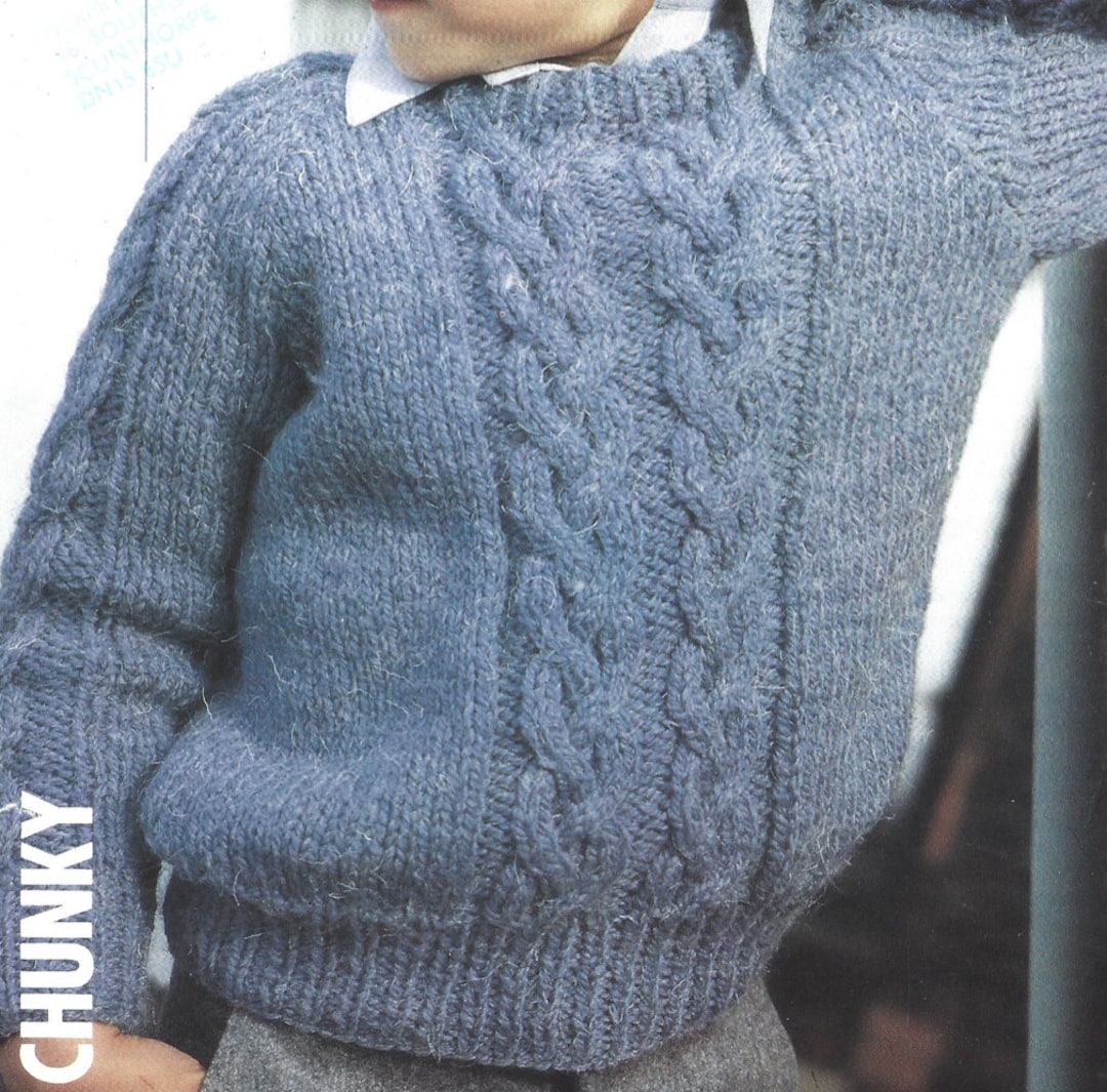 PDF Knitting Pattern - Chunky - Boys Round Necked Jumper, With Cable ...