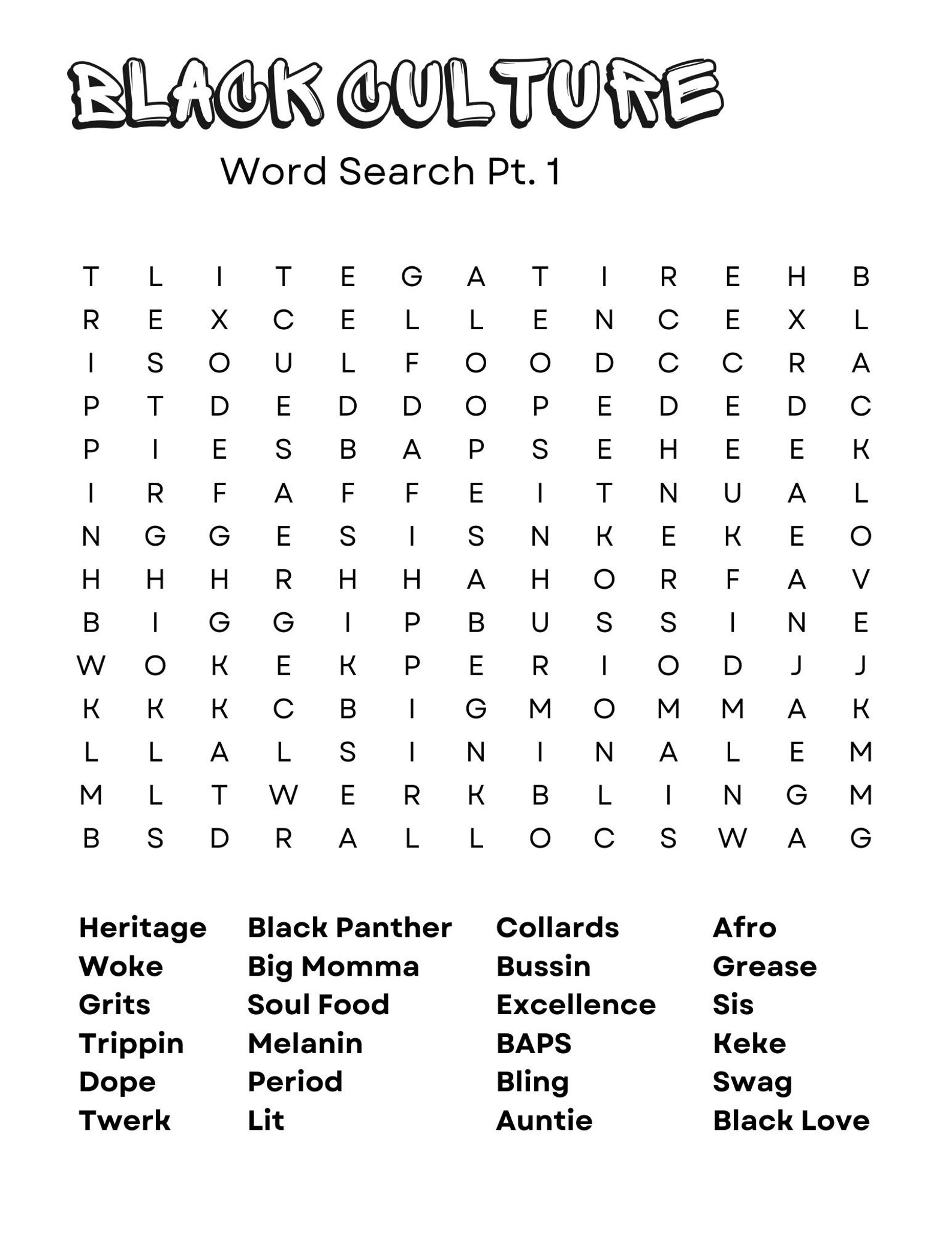 Black Culture Word Search Puzzle Part 1, Printable Word Search, Black ...