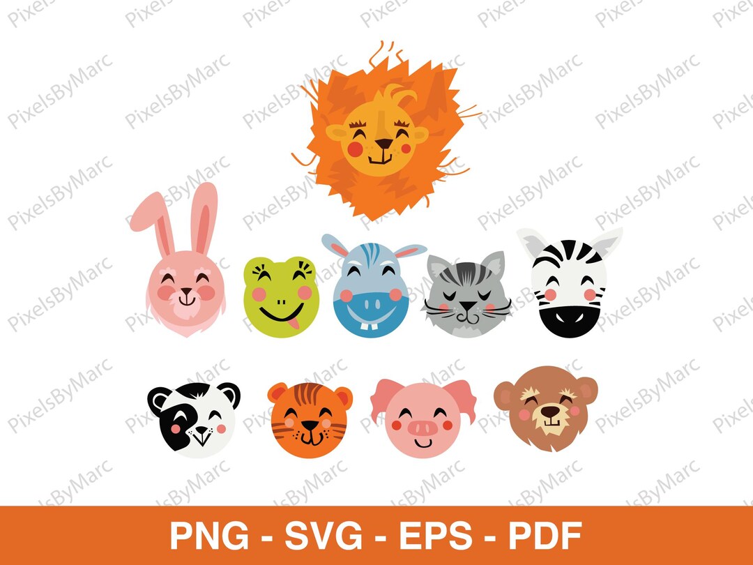 10 Animal Face Clipart Bundle | PNG SVG PDF Eps | Jungle & Zoo Animals ...