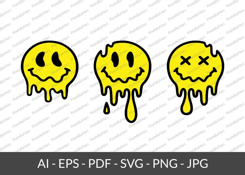 Set of 3 Melting Smiley, Set of Dripping Smiley Faces, Retro Style ...