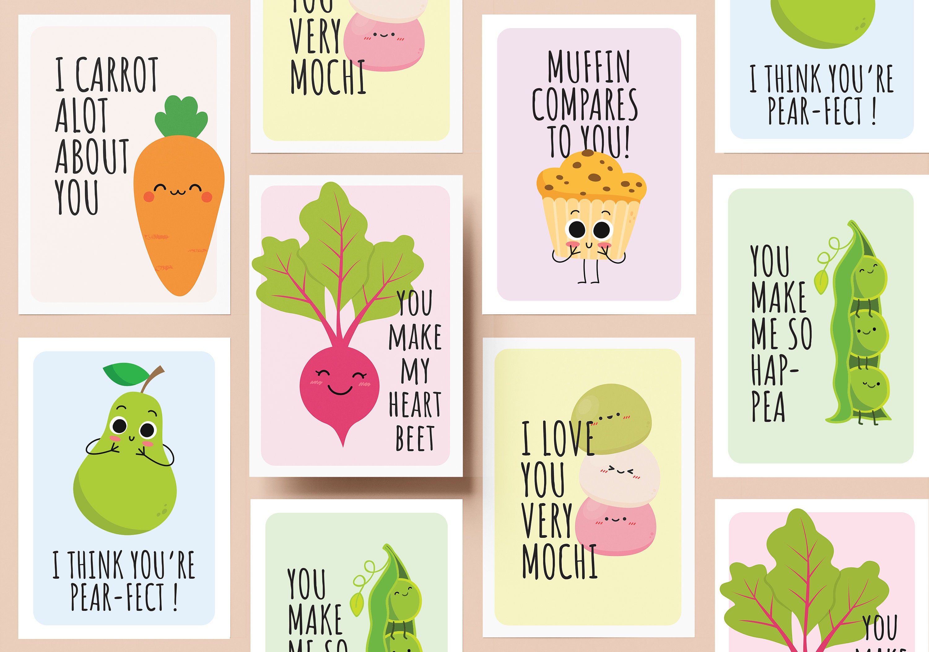 Set of 6 Printable Cute Food Puns Cards, Cute Food Quotes Greeting ...