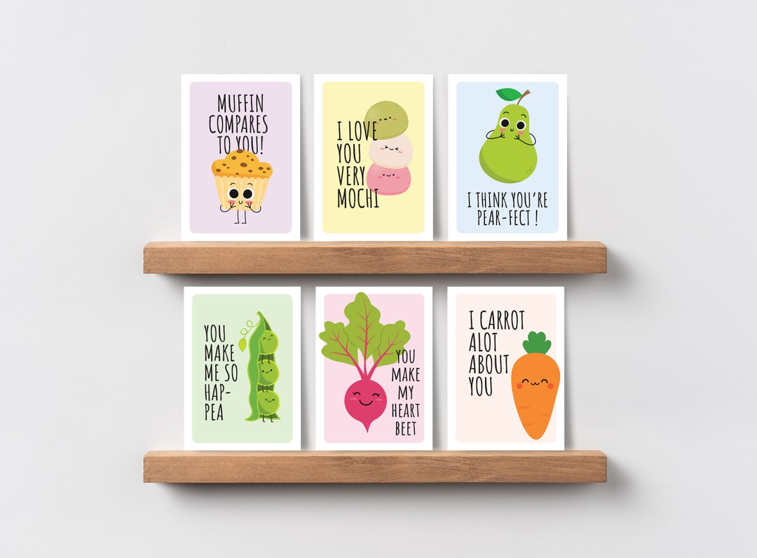 Set of 6 Printable Cute Food Puns Cards, Cute Food Quotes Greeting ...