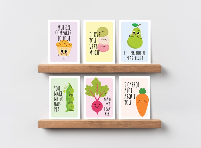 Set of 6 Printable Cute Food Puns Cards, Cute Food Quotes Greeting ...