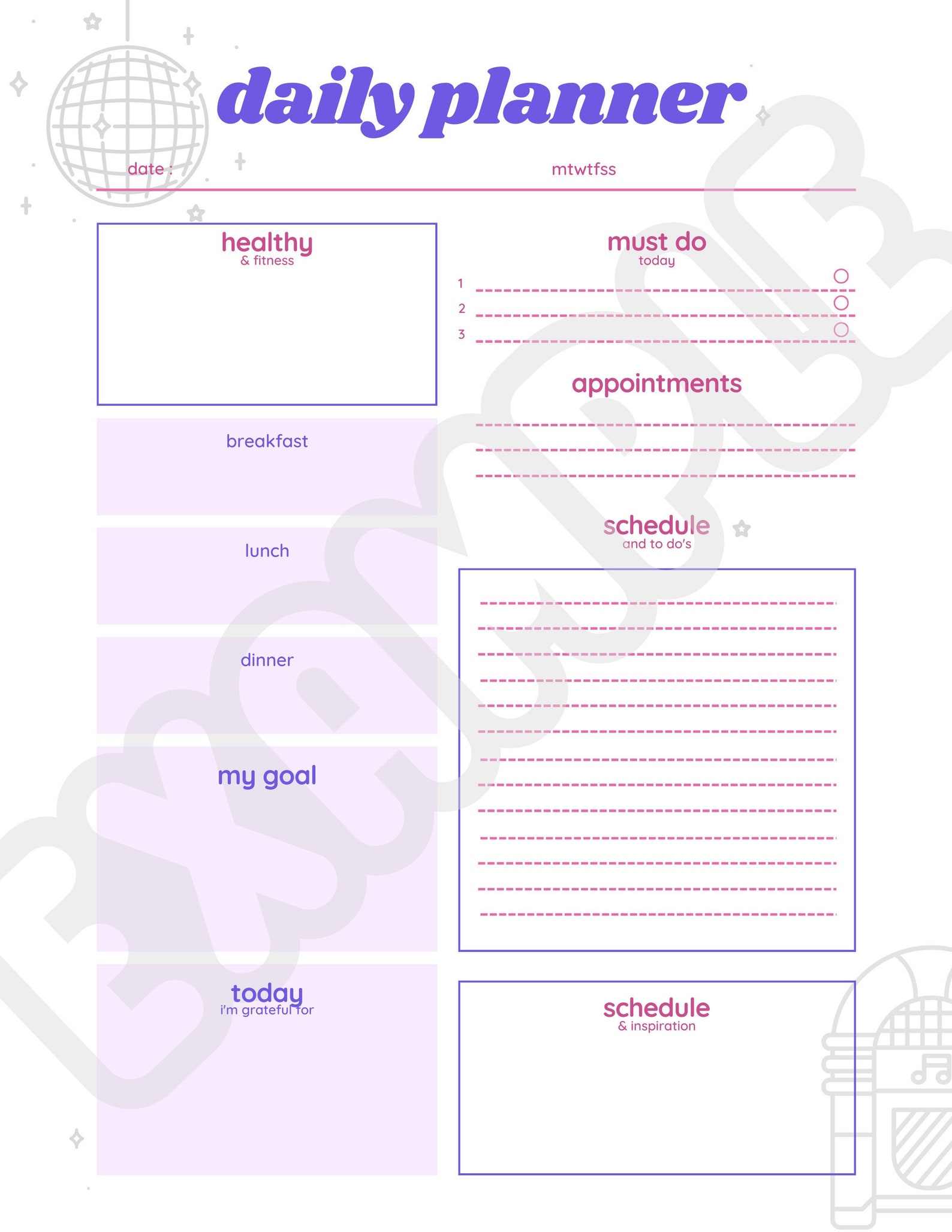 Daily Planner Digital Download Printable Planner Disco - Etsy