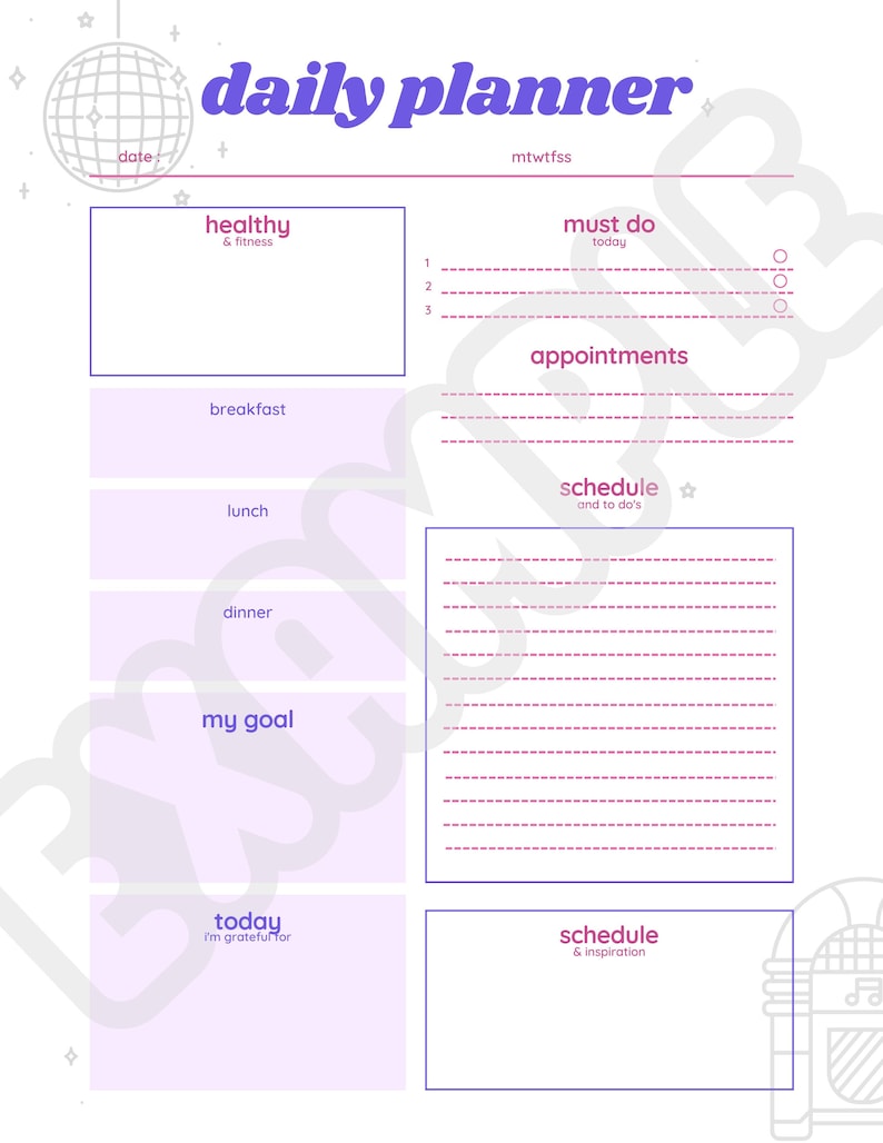 Daily Planner, Digital Download, Printable Planner, Disco Themed ...