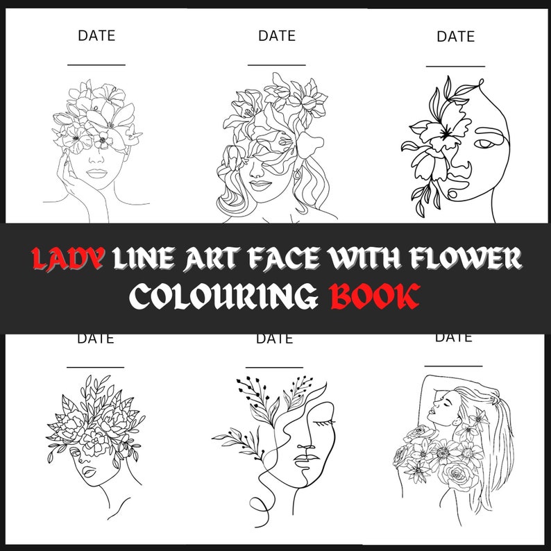 Printable Lady Line Art Face With Flower Colouring Book for - Etsy