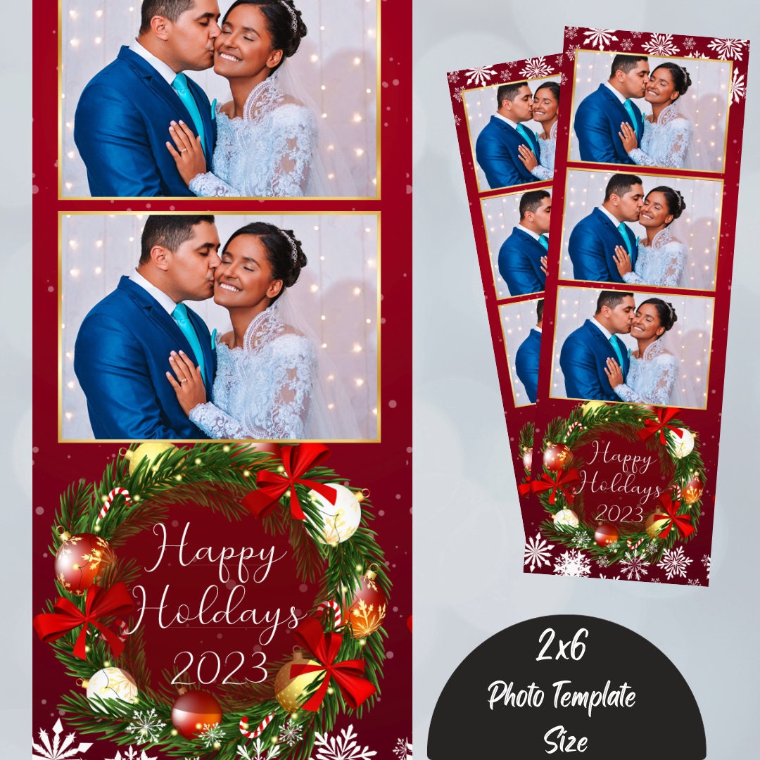 Holiday Party Photo Booth Template, 2x6 Christmas Photo Strip, Red Gold ...