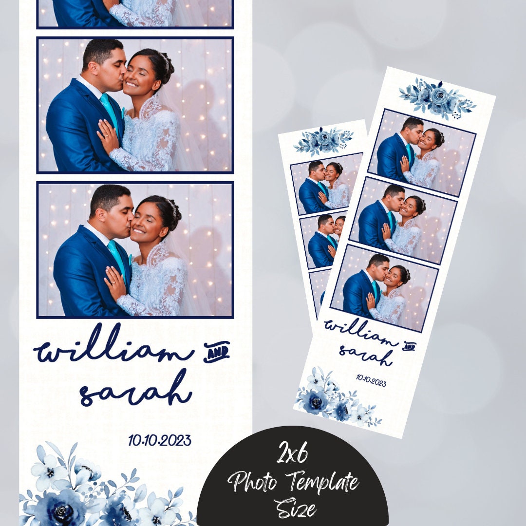 Wedding Photo Booth Template Blue Floral 2x6, Watercolor, Navy Pearl ...