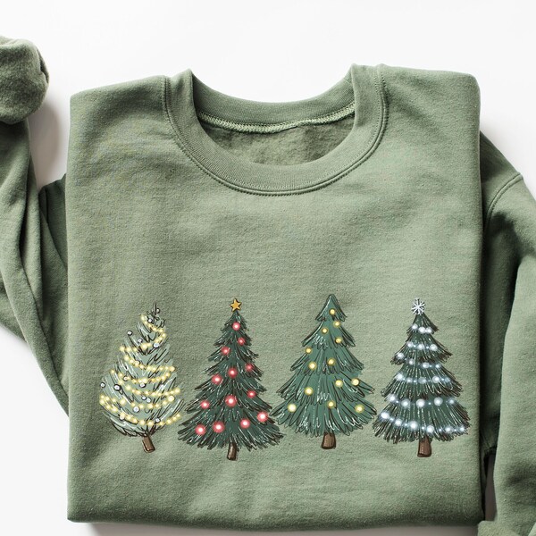 Pine Tree Trio Embroidered Crewneck Sweatshirt, Winter Sweater ...