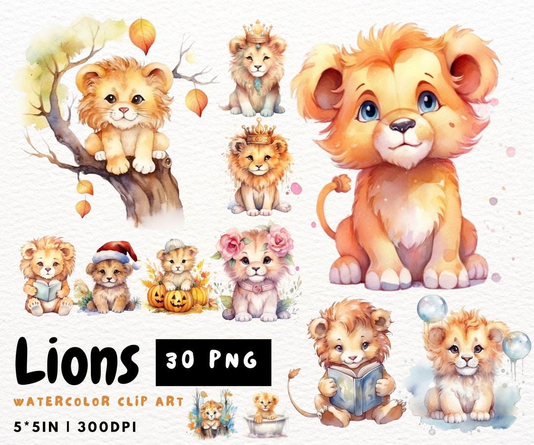Chubby Lion Watercolor Clipart Cute Kawaii Cartoon Lions - Etsy