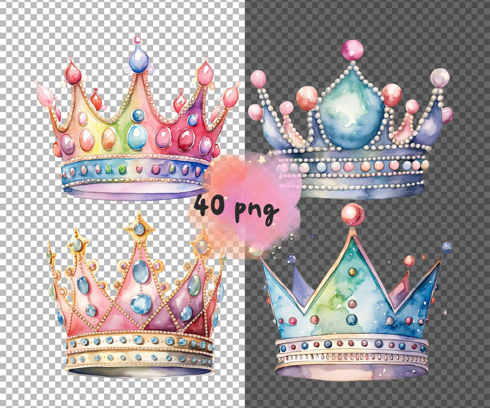 Crown Clipart, Fantasy Crown Watercolor Clipart,cartoon Pastel Pink ...