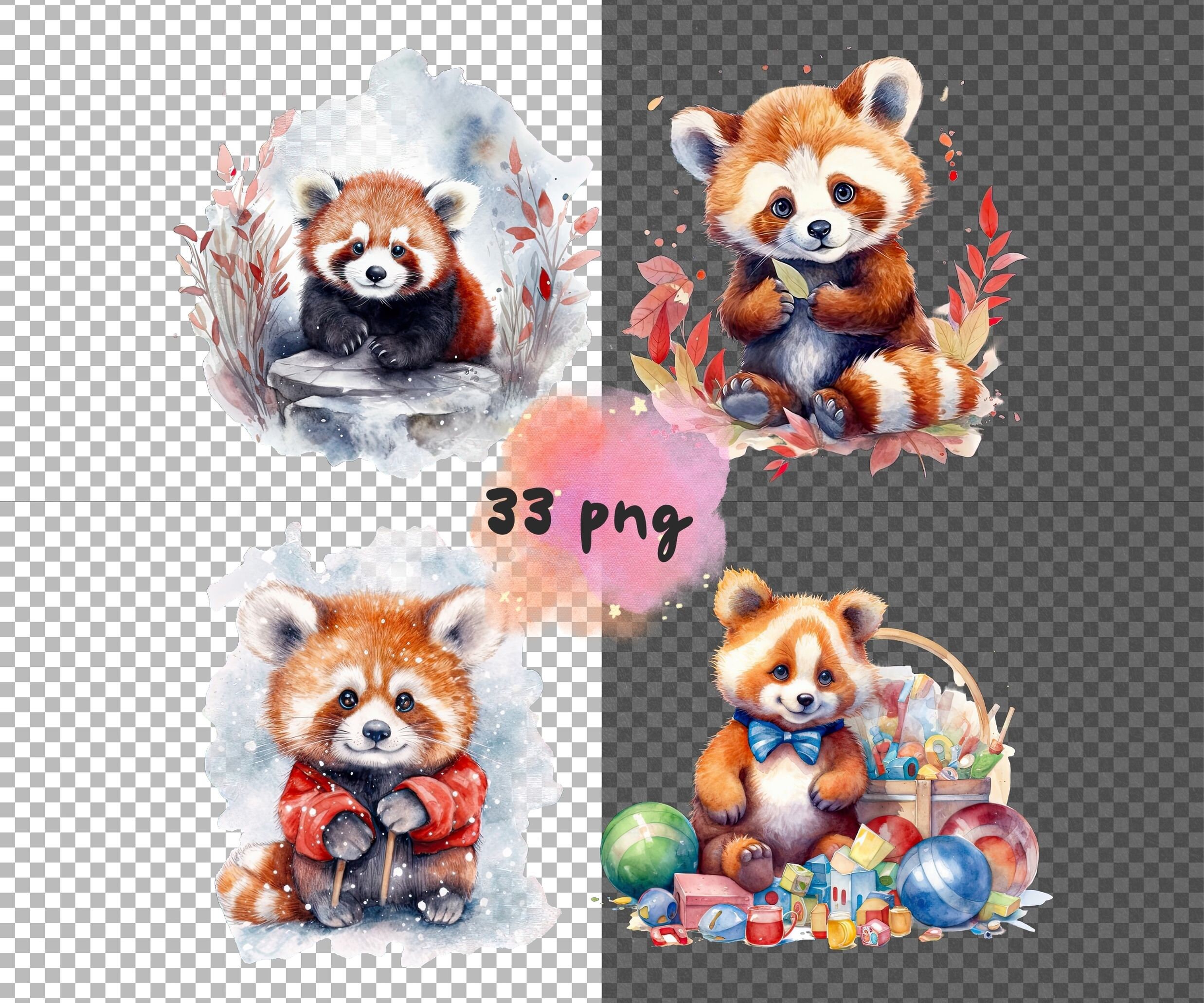 Chubby Red Pandas Watercolor Clipart Cute Kawaii Cartoon Red Pandas ...