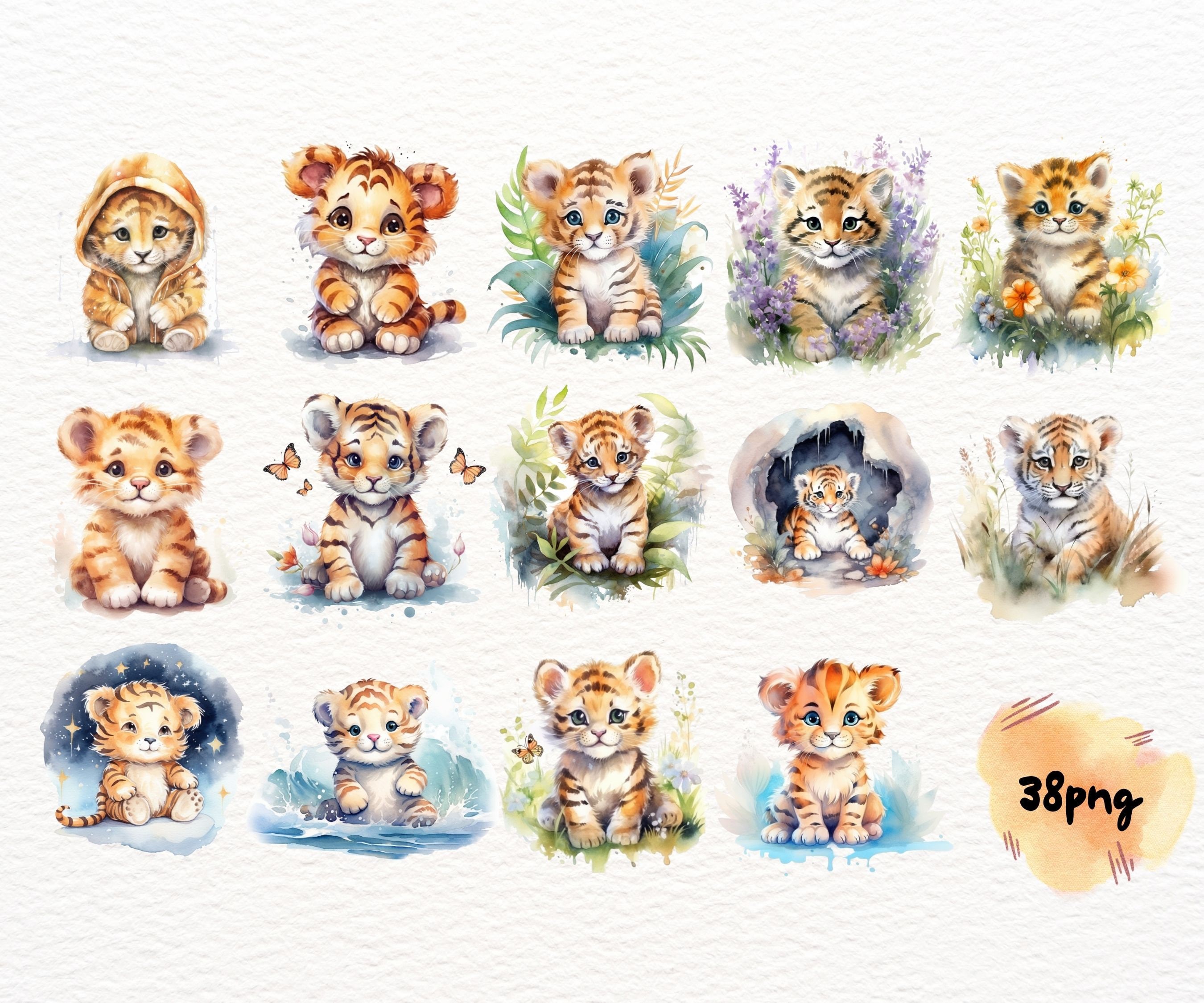 Chubby Tiger Watercolor Clipart - Kawaii Cartoon Tiger Art, Baby Tigers ...