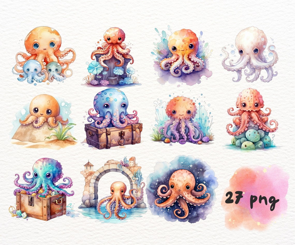 Chubby Octopuses Watercolor Clipart Cute Kawaii Cartoon - Etsy
