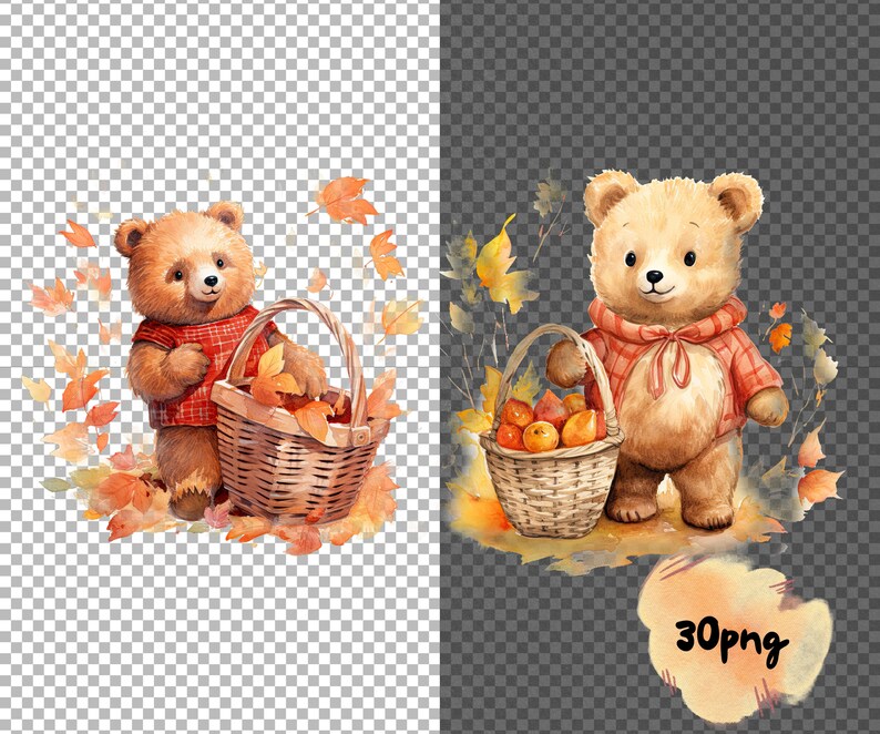 Autumn Bear Clipart, Kawaii Cartoon Cuddly Bear With Fall Leaves, Cute ...