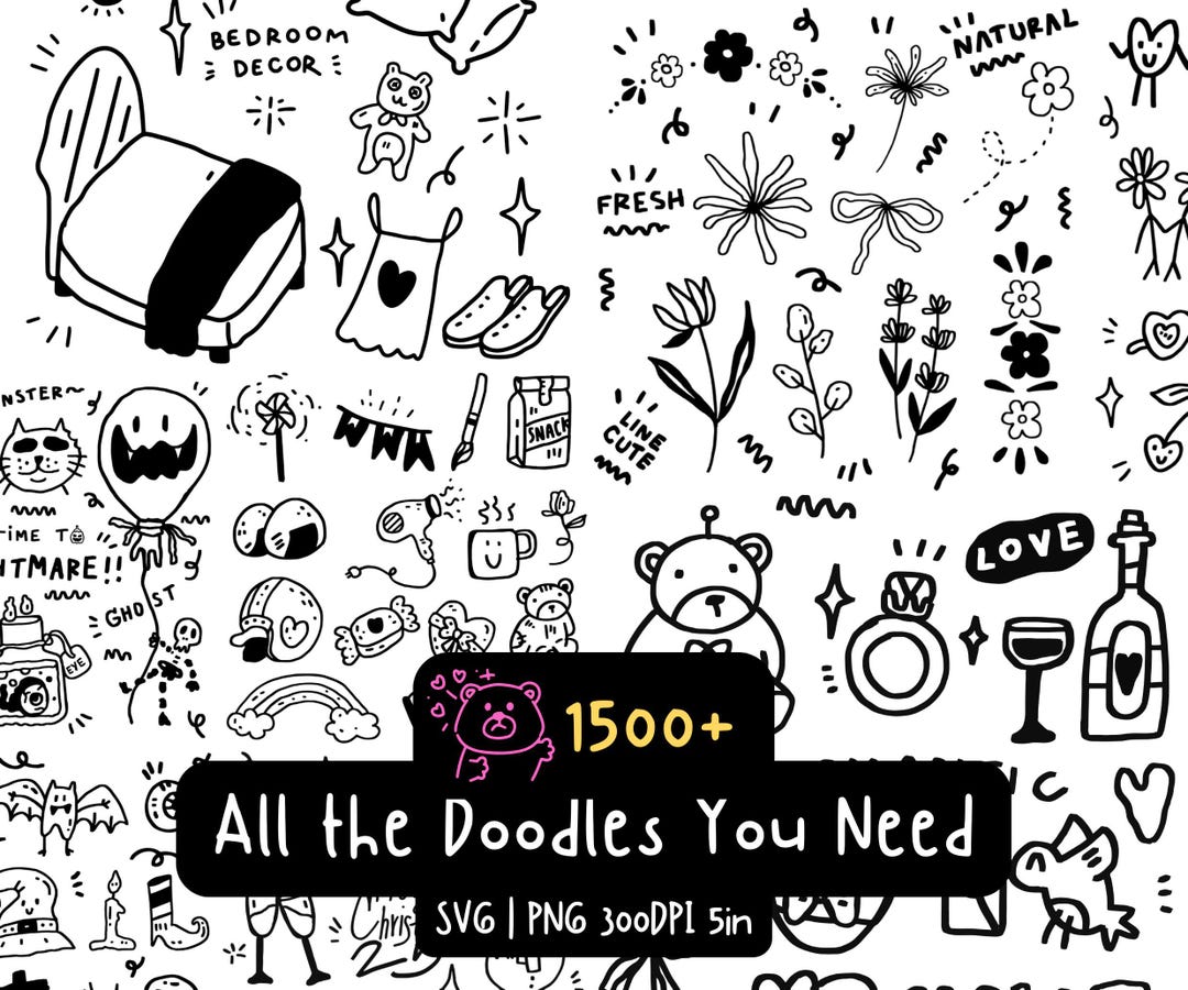 1500+ Hand Drawn Doodle Clipart SVG PNG for Stickers Logos Merch ...