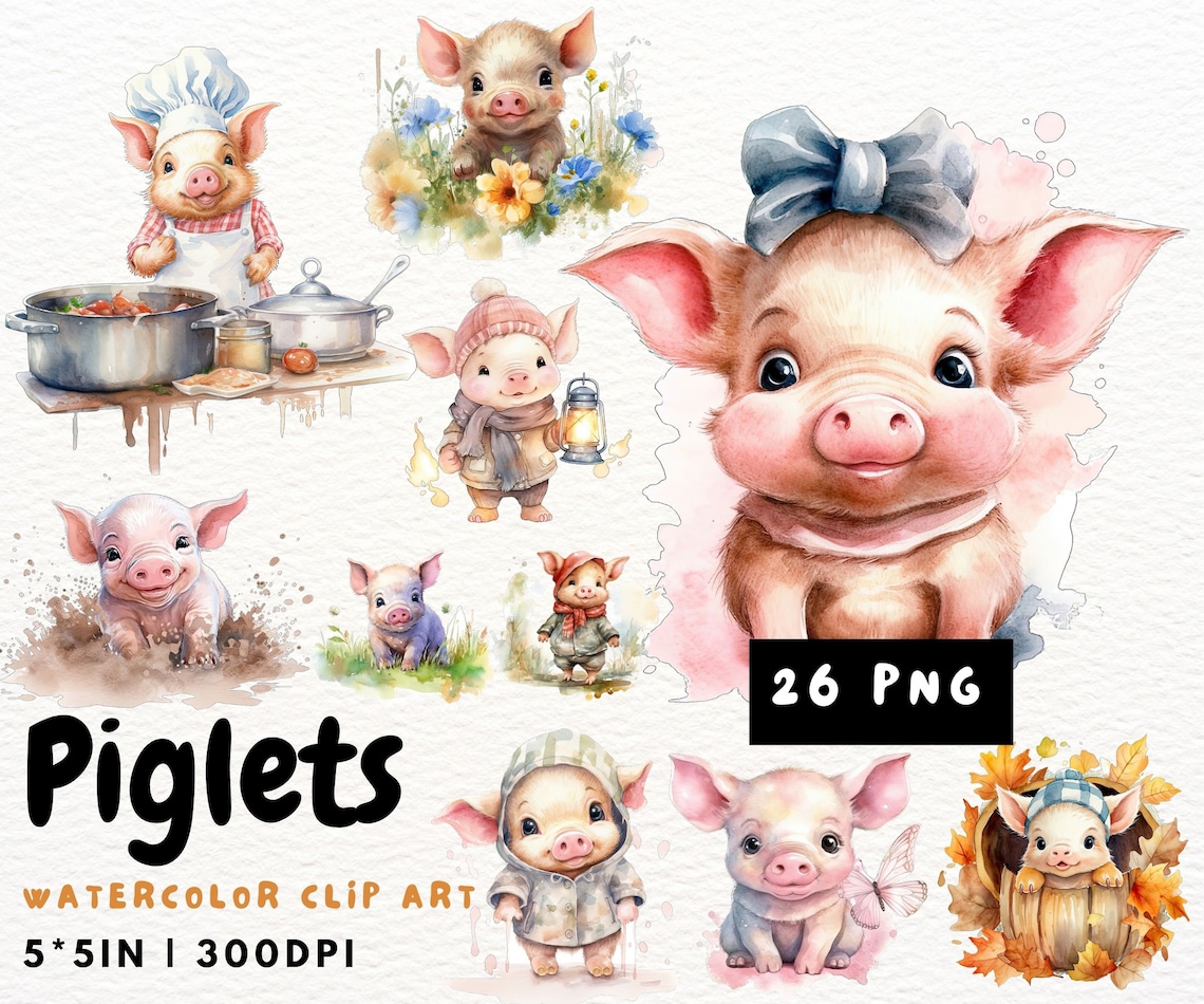 Chubby Piglets Watercolor Clipart Cute Kawaii Cartoon - Etsy
