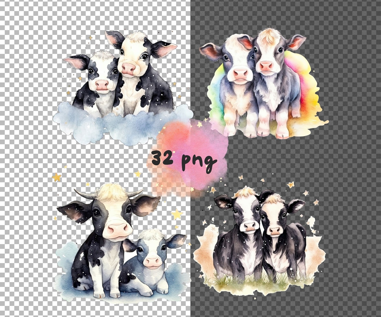Chubby Dairy Milk Cows Watercolor Clipart Cute Kawaii Cartoon Cow Calf ...