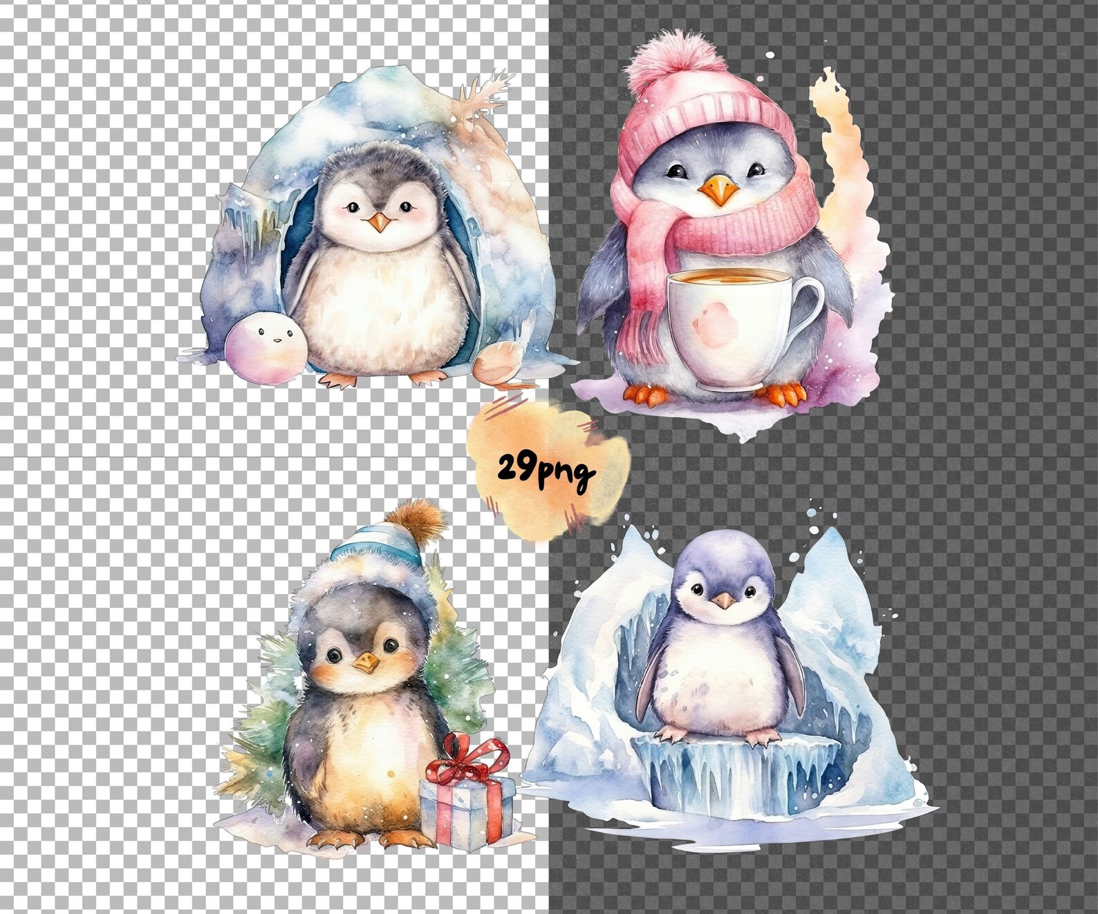 Chubby Penguins Watercolor Clipart Cute Kawaii Cartoon Penguins, Baby ...