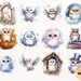 Chubby Owls Watercolor Clipart Cute Kawaii Cartoon Owls - Etsy