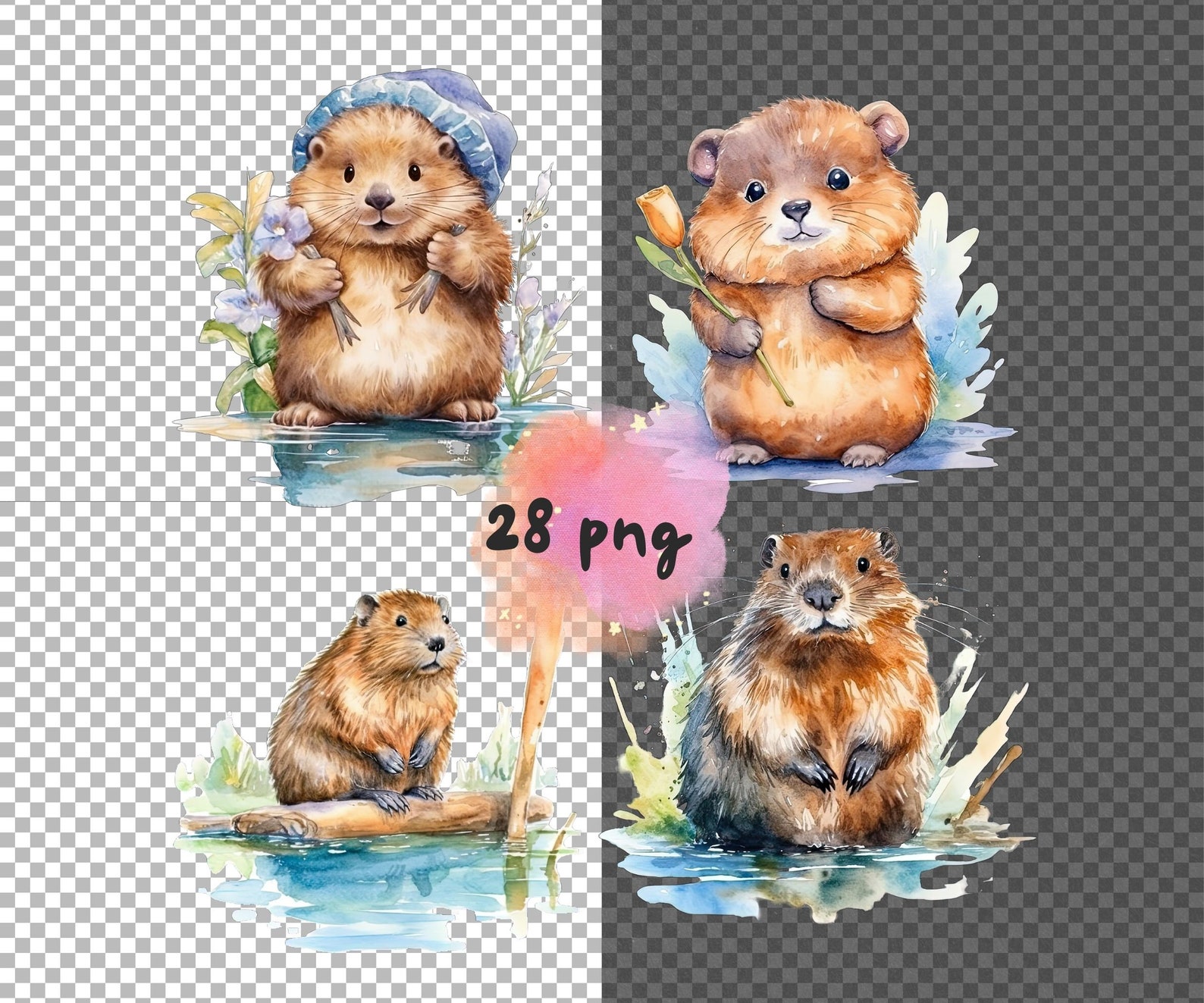 Chubby Beavers Watercolor Clipart Cute Kawaii Cartoon Beavers, Baby ...