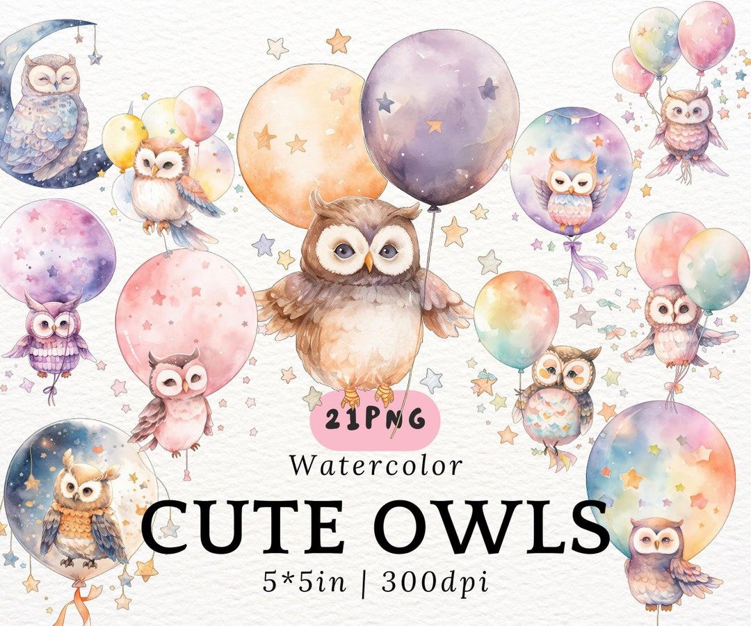 Pastel Owl Balloon Clipart Watercolor PNG Bundle Cute Night Owls With ...