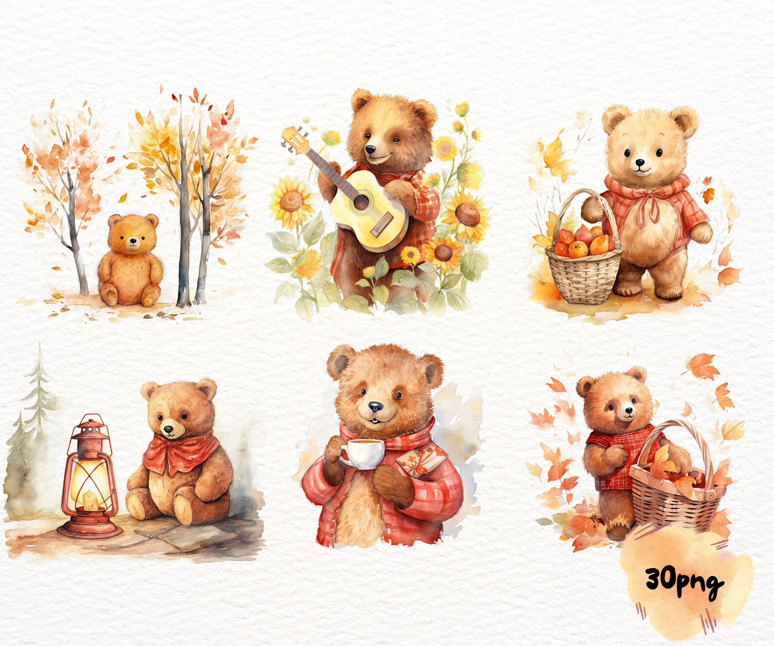Autumn Bear Clipart, Kawaii Cartoon Cuddly Bear With Fall Leaves, Cute ...