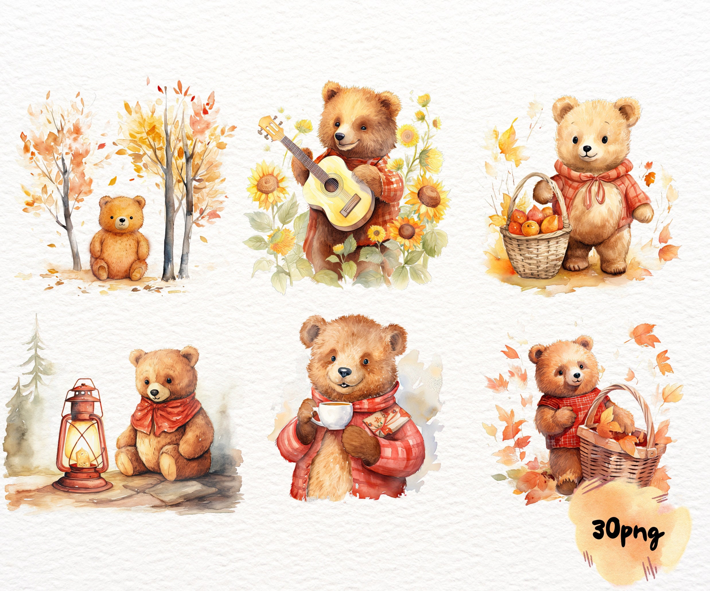 Autumn Bear Clipart, Kawaii Cartoon Cuddly Bear With Fall Leaves, Cute ...