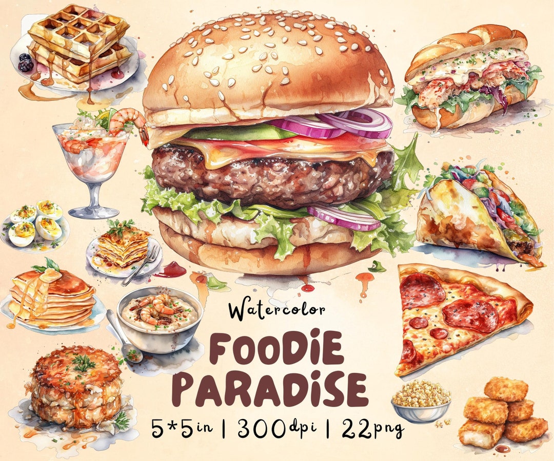 Watercolor Fast Food Clipart - Burger Pizza Fries Waffle Pngs, Junk ...