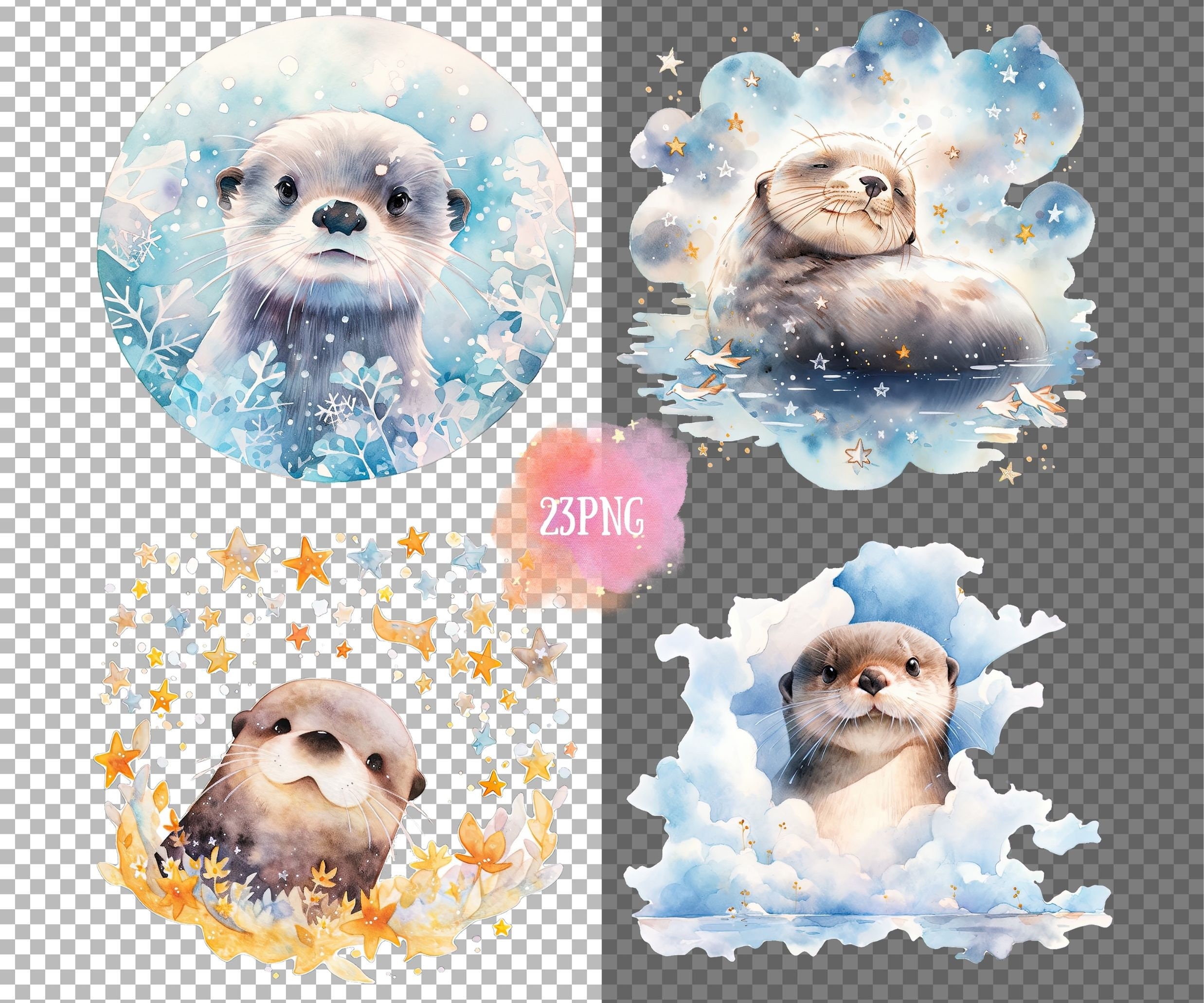 Chubby Otters Watercolor Clipart Cute Kawaii Cartoon Sea Otters, Baby ...