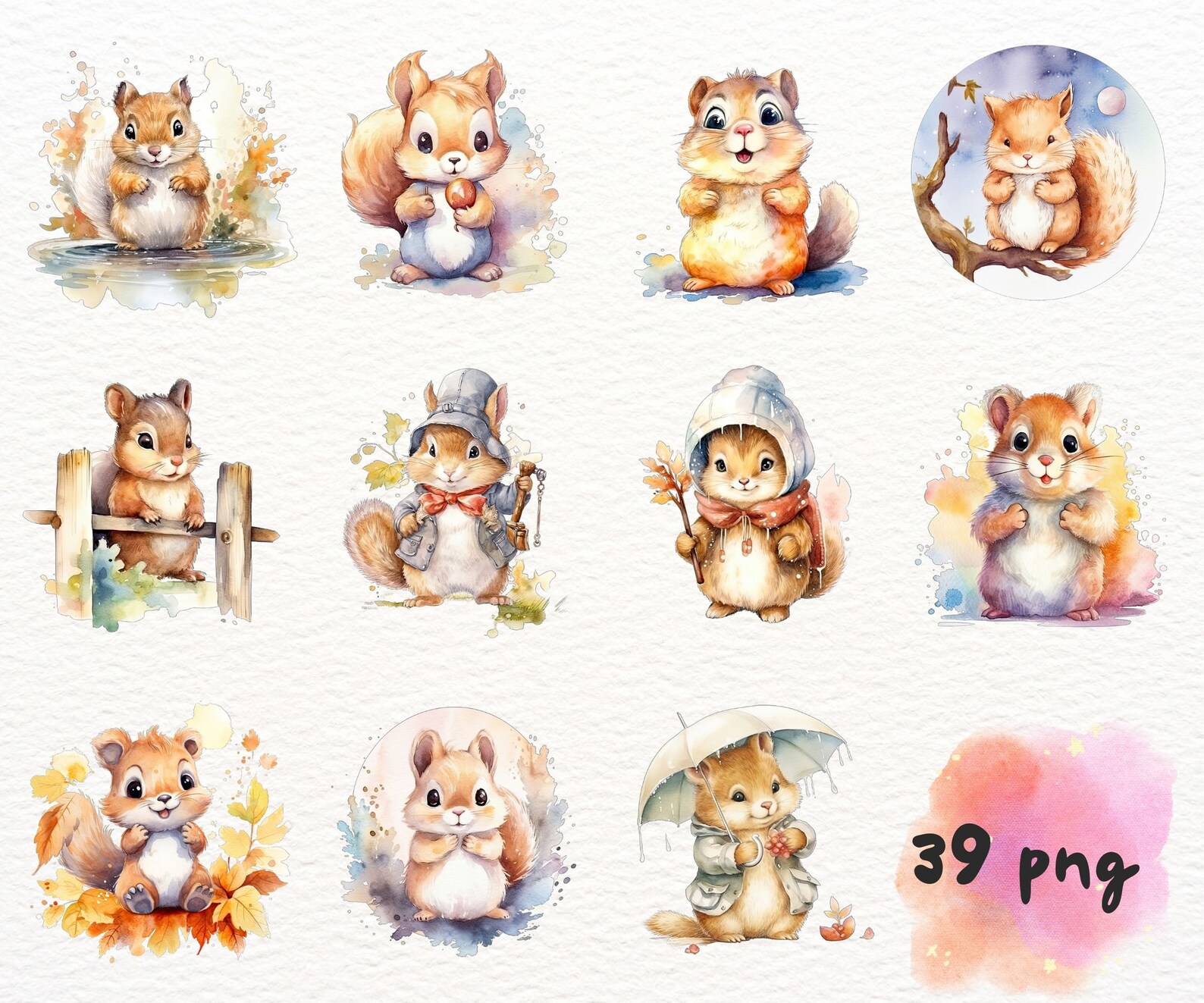 Chubby Squirrels Watercolor Clipart Cute Kawaii Cartoon Squirrels, Baby ...