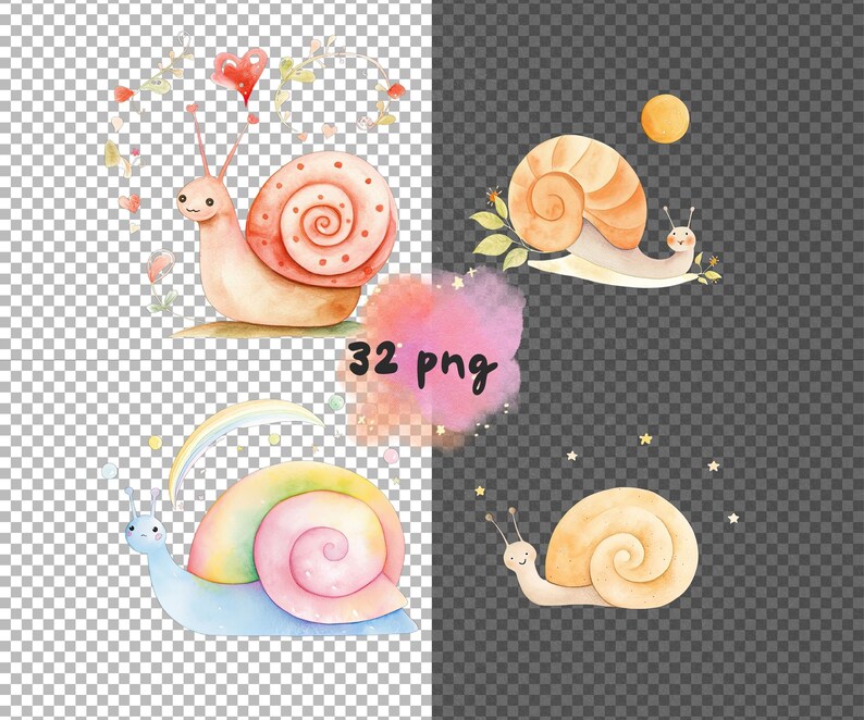 Cartoon Snails Watercolor Clipart Cute Kawaii Chubby Snails - Etsy